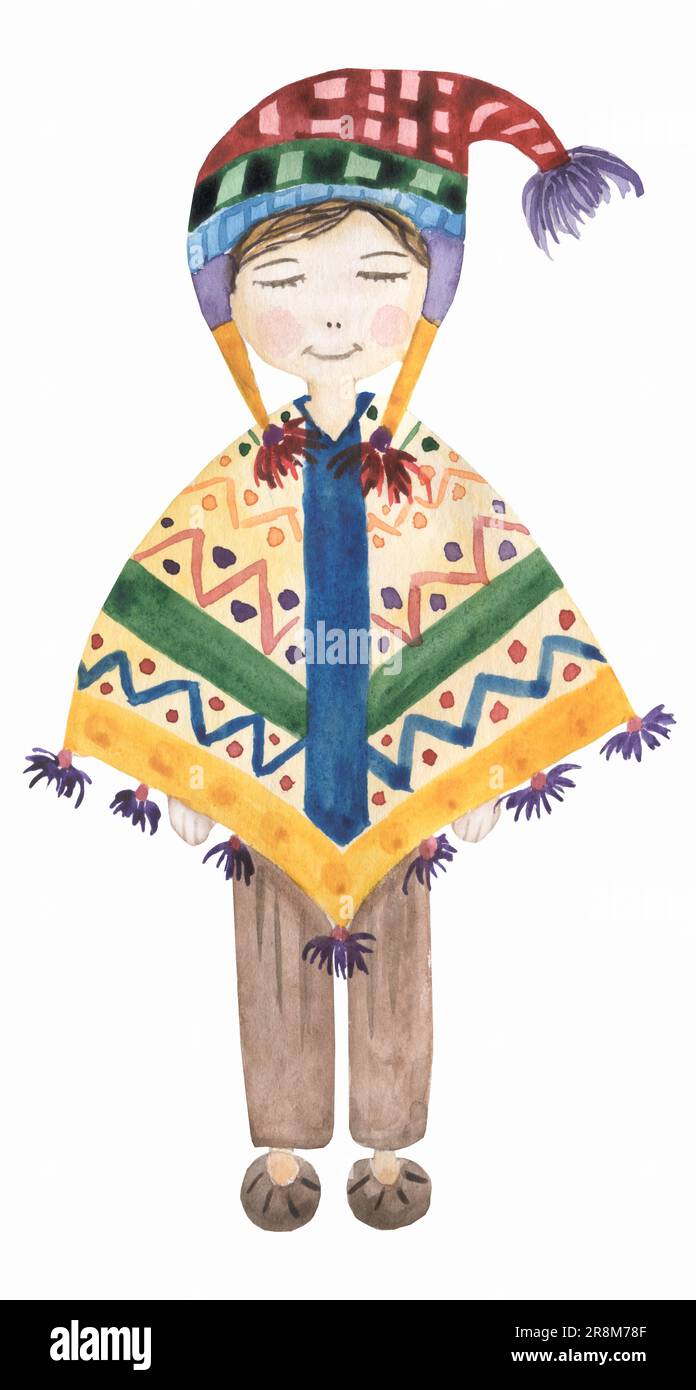 Watercolor cute American Indian girl in traditional poncho, hand drawn ...