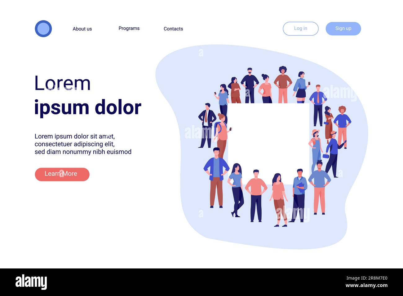 Crowd of diverse people standing together around empty banner Stock ...