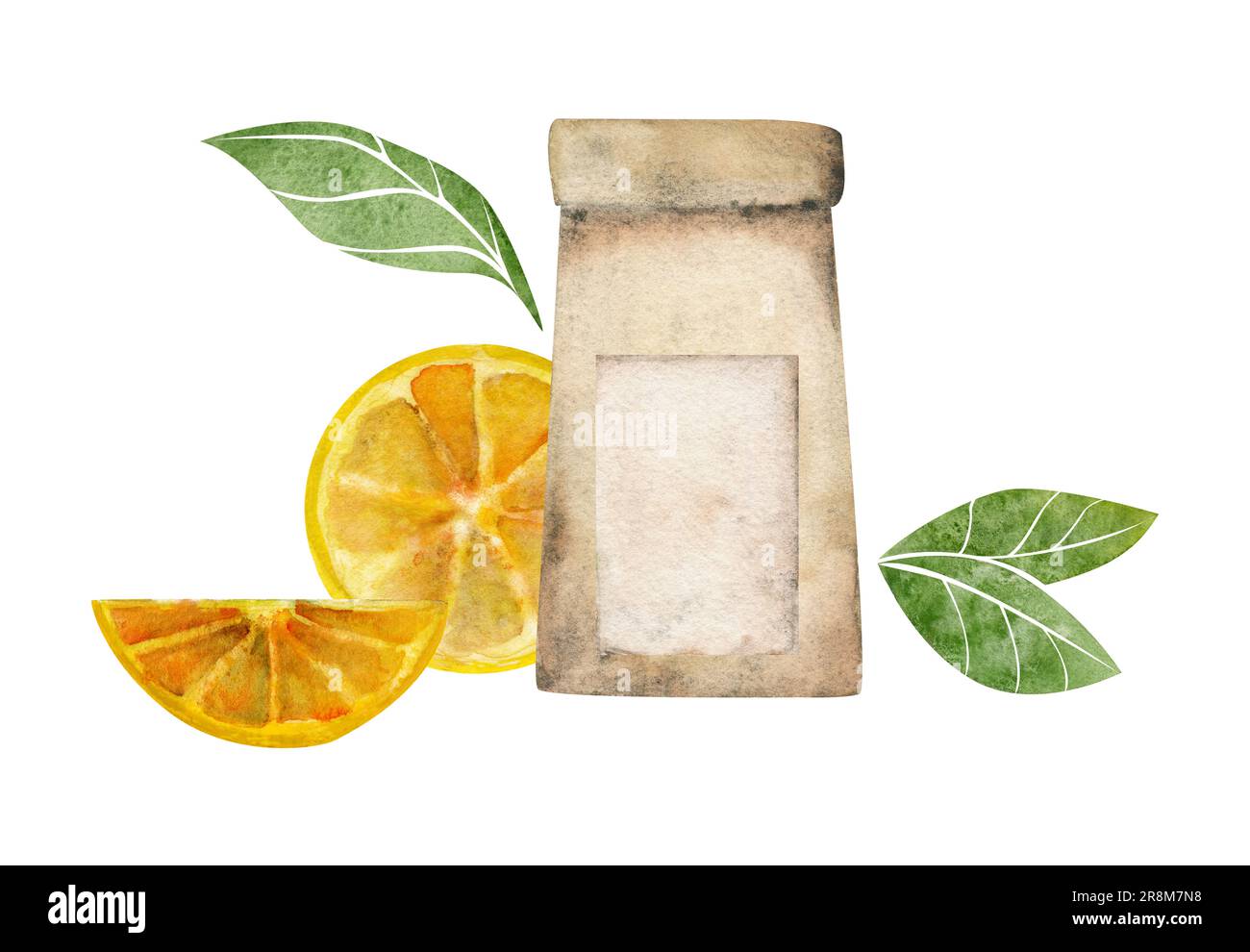 Watercolor hand drawn illustration. Paper bag for tea or coffee storage ...