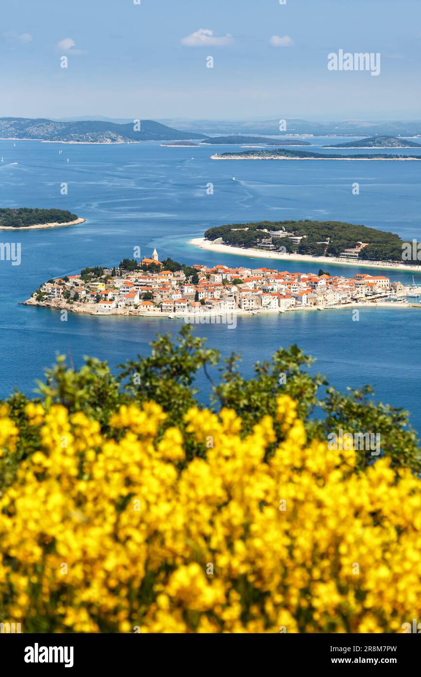 Primosten town on a peninsula vacation in the Mediterranean Sea ...