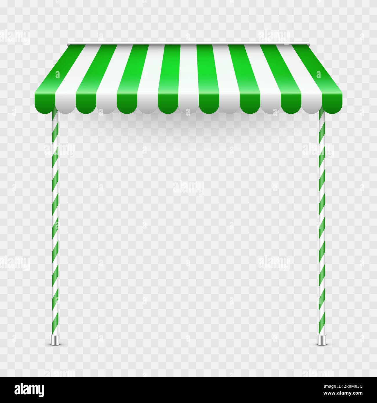 Green shop sunshade with stand holders. Realistic striped cafe awning ...