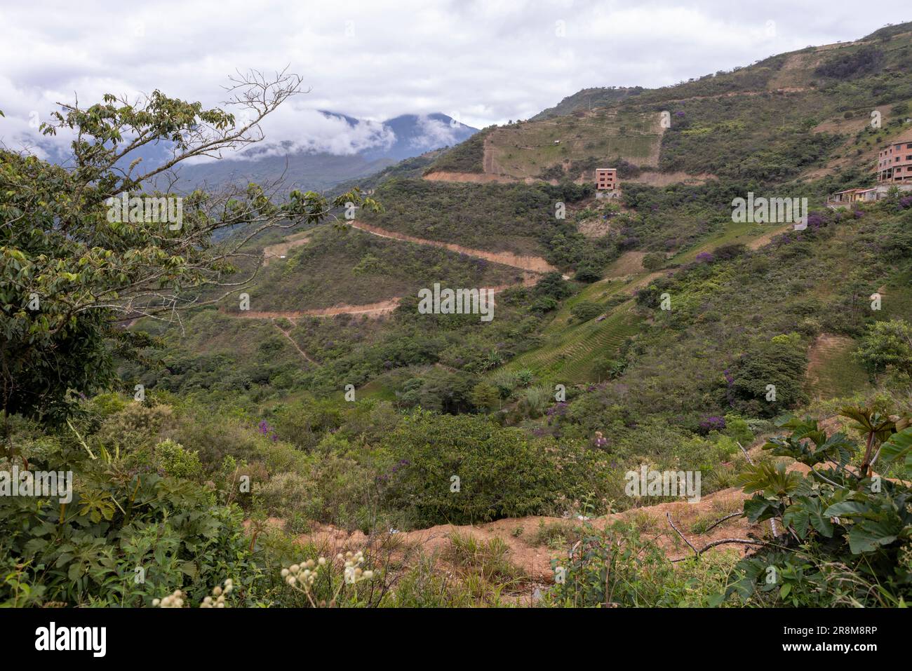 Scenic drive through the remote Bolivian Andes: passing small ...