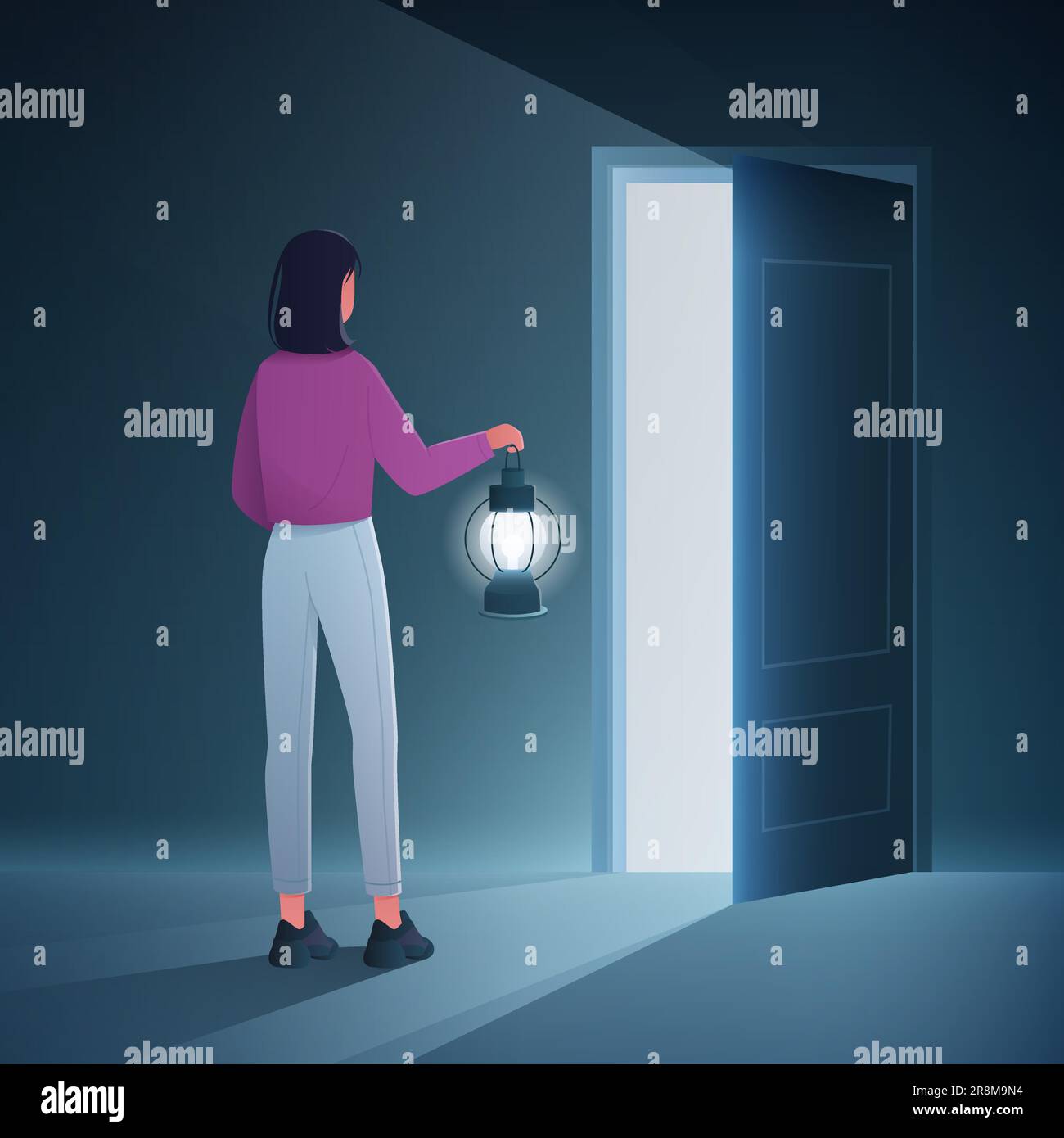 Cartoon girl standing at open entrance door alone, woman with lamp ...