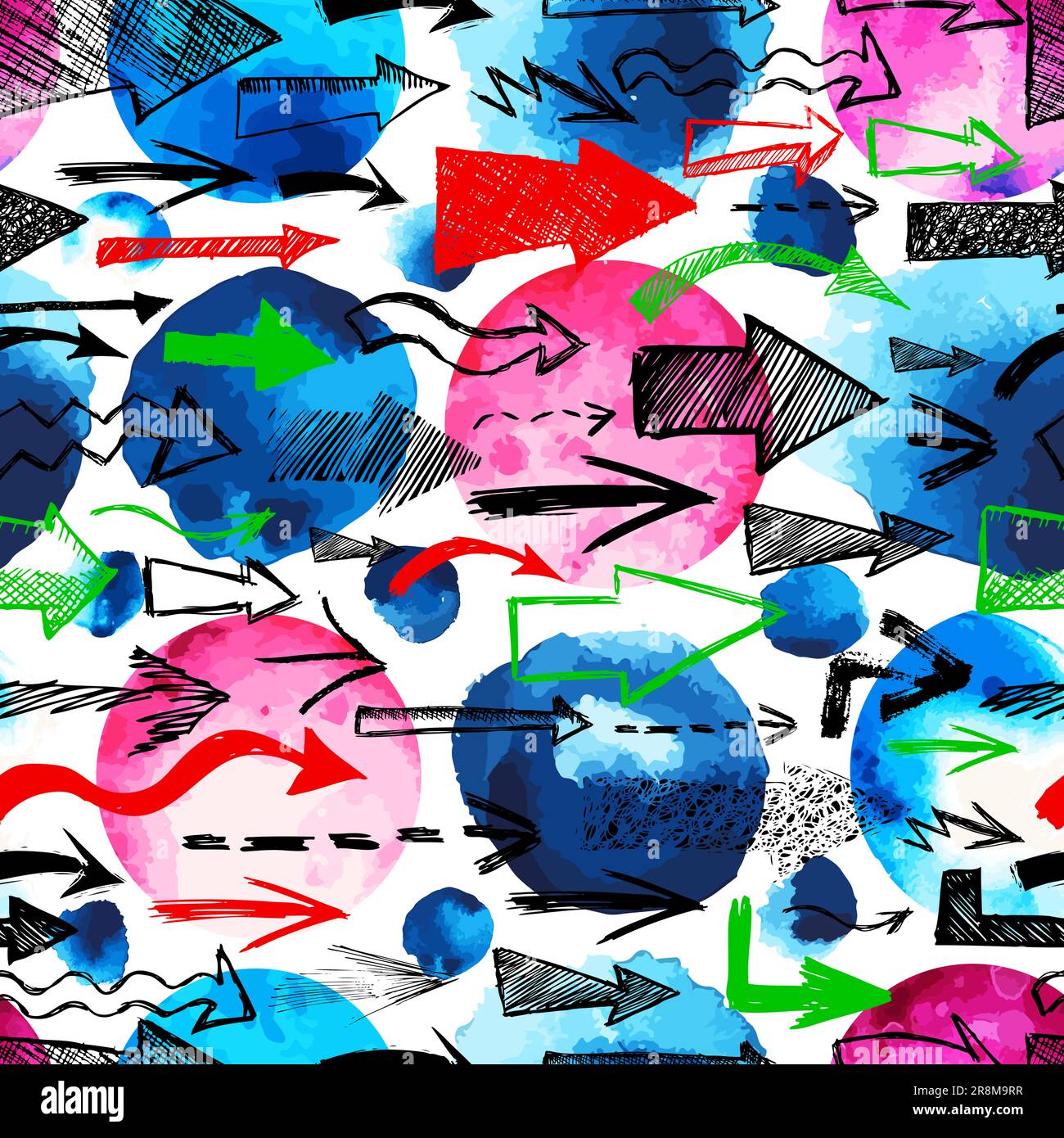 Abstract seamless pattern of arrows and watercolor circles. Vector ...
