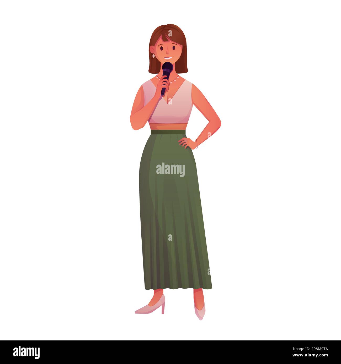 Cartoon Young Woman With Microphone Performing Funny Standup Speech