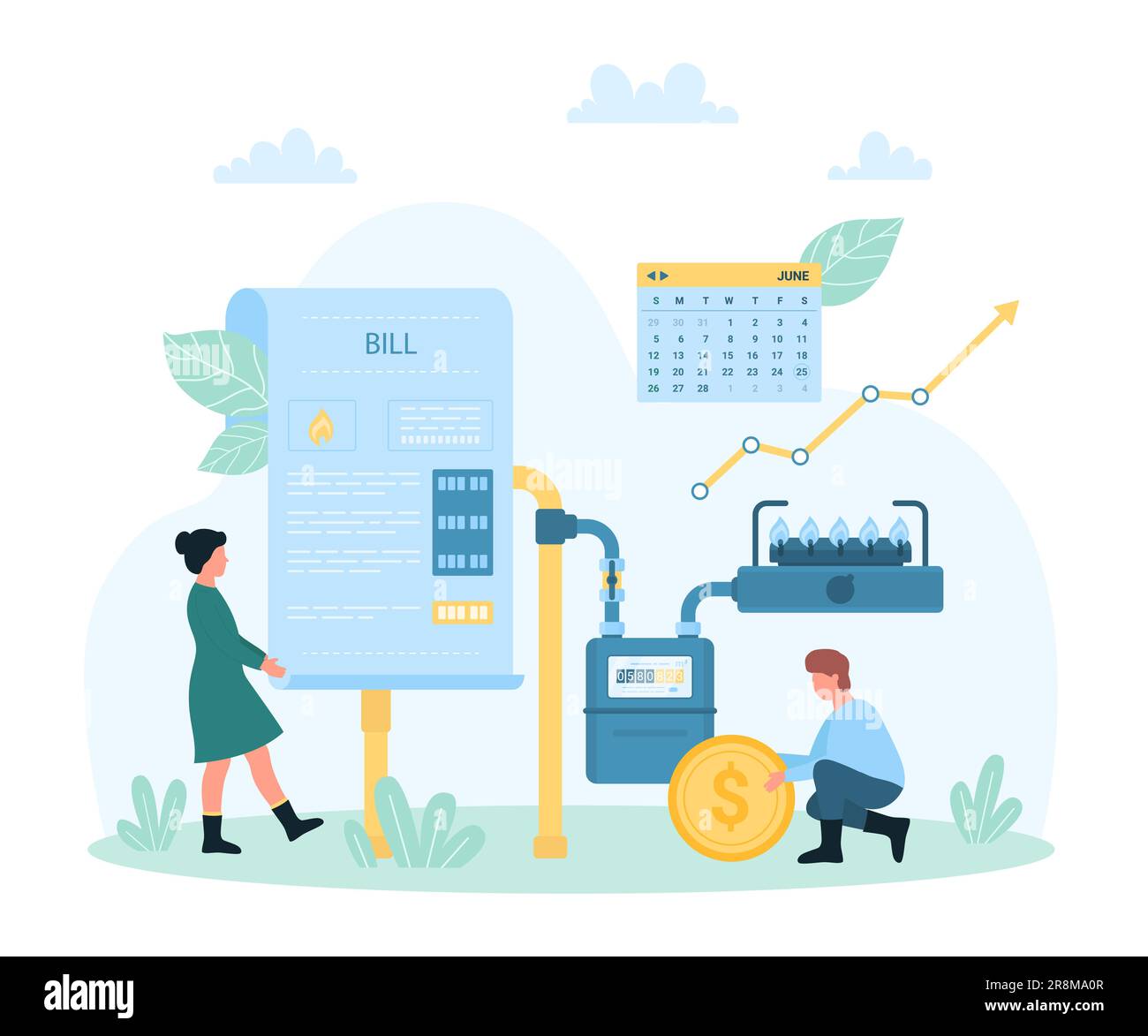 Gas bill payment vector illustration. Cartoon tiny people hold utility invoice and money to pay ...