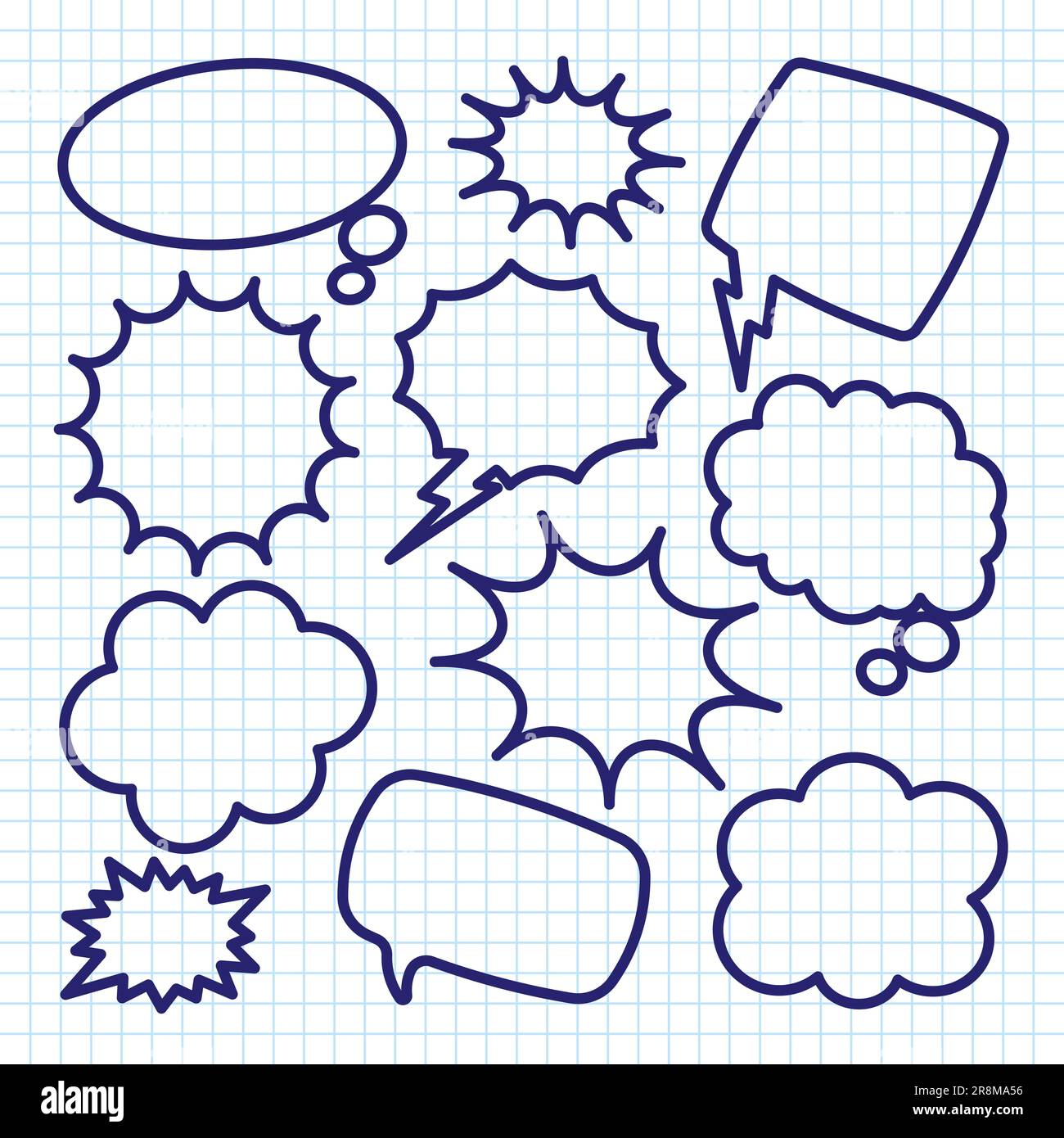 Hand drawn comic speech bubbles on checkered paper sheet. School ...