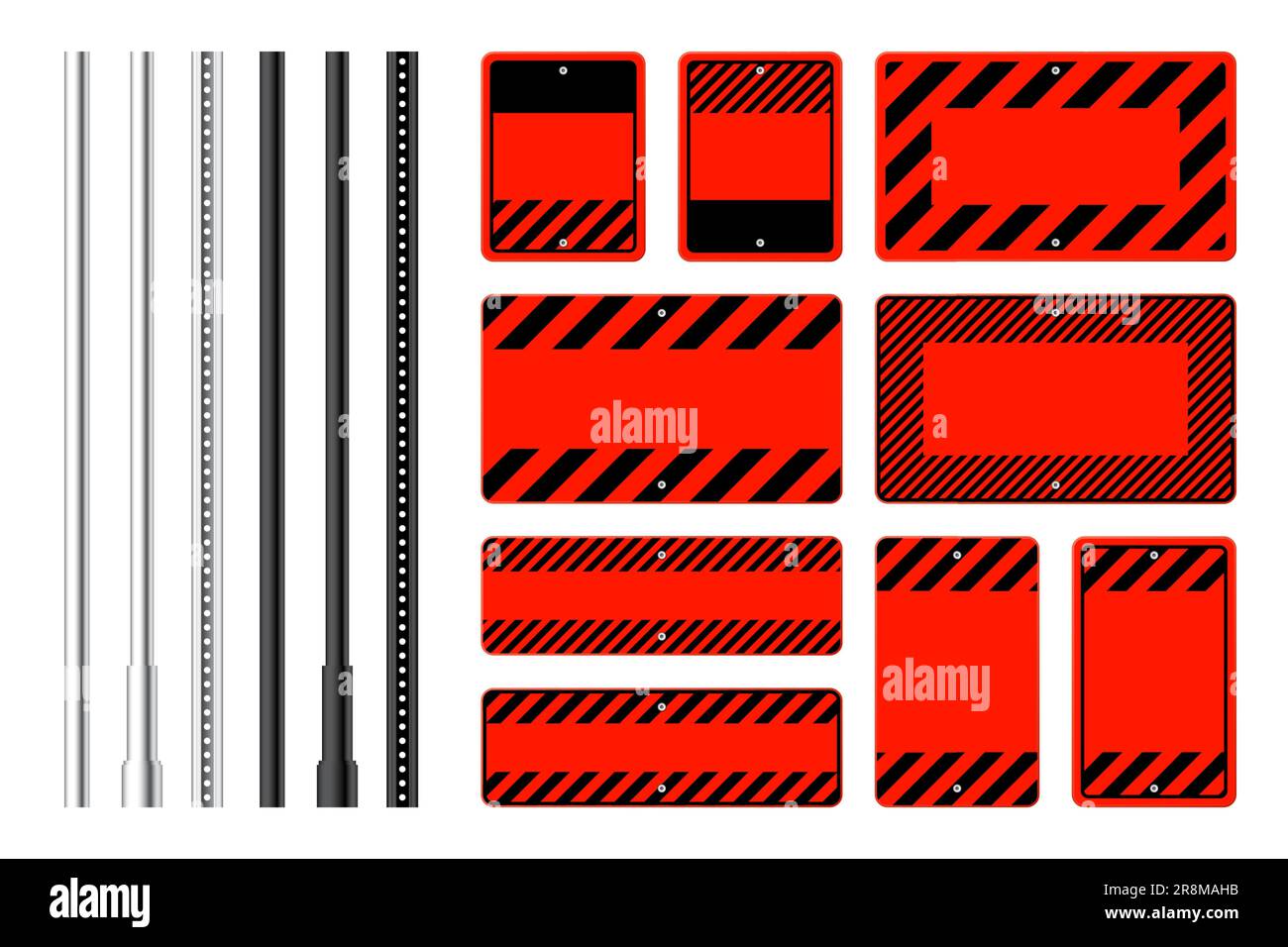Warning, danger signs, attention banners with metal poles. Blank red ...