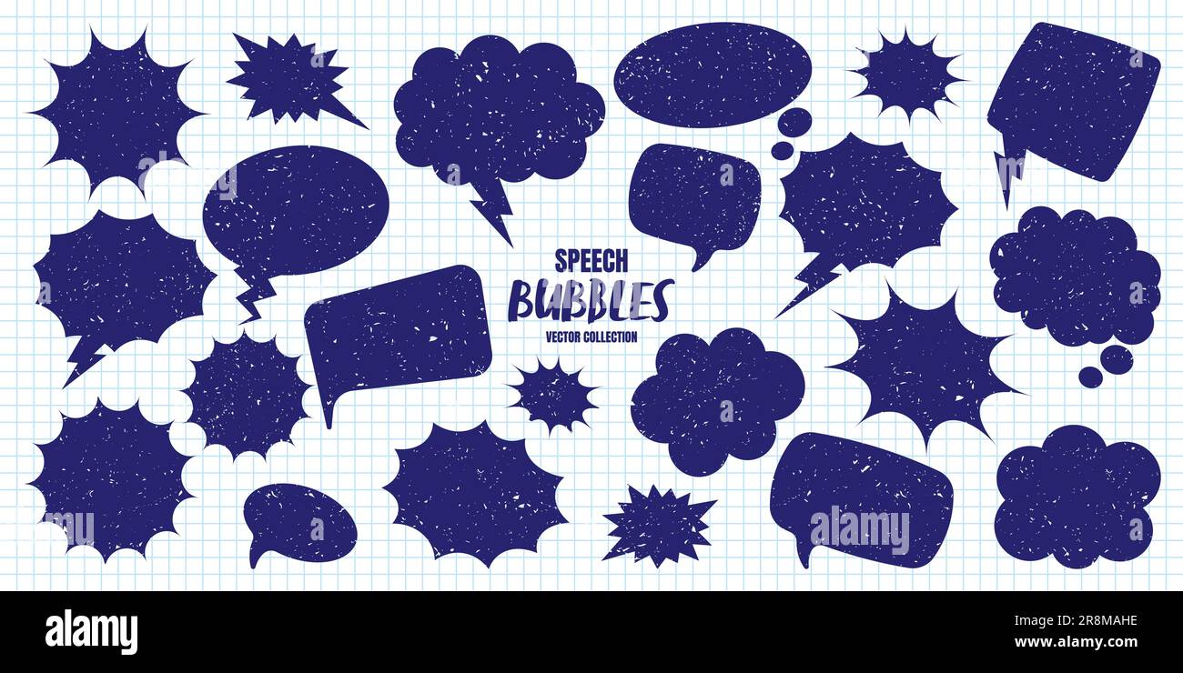 Hand drawn comic speech bubbles on checkered paper sheet. School ...
