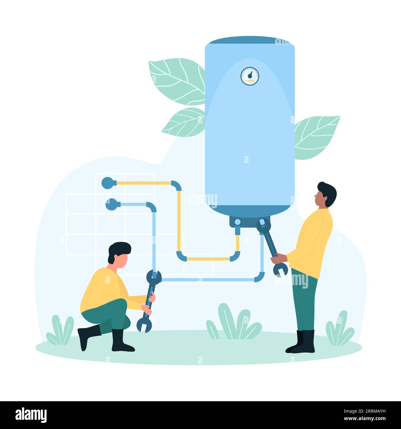 Water heater repair service vector illustration. Cartoon tiny engineers ...