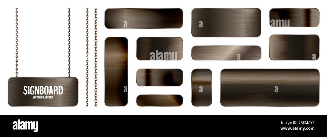 Metal banners hanging on a chain. Realistic shiny steel plate with ...