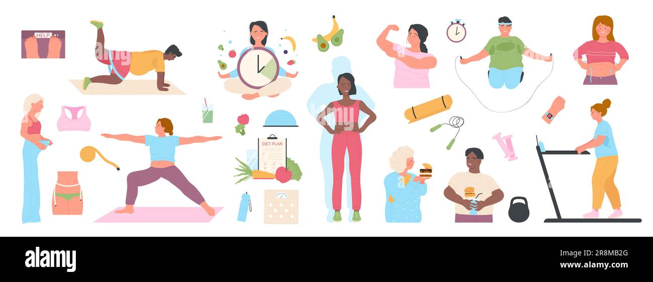 Weight loss set vector illustration. Cartoon isolated girls measure ...