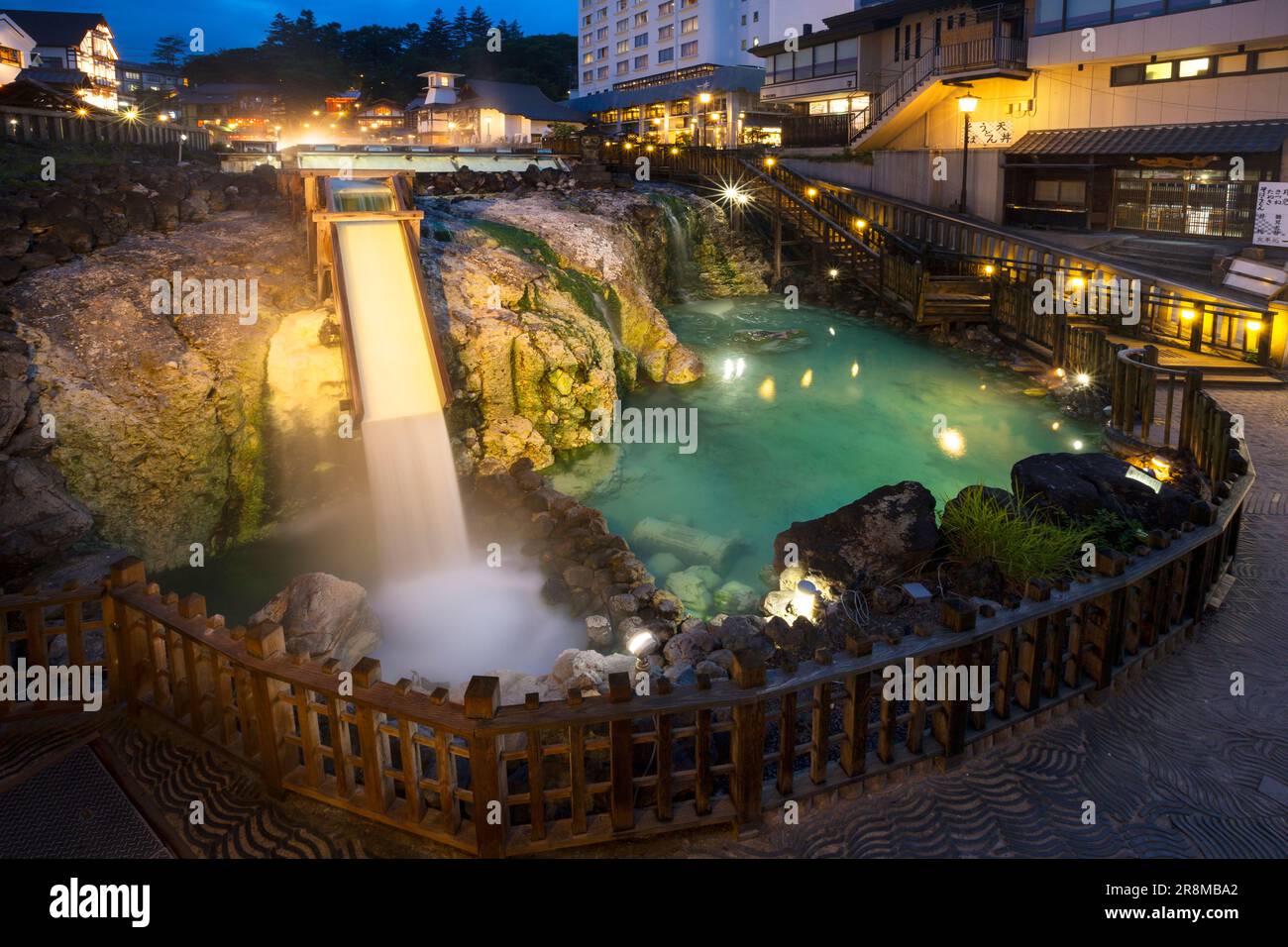 Night view of Yubatake (Hot Water Field ) in Kusatsu Onsen hot spring ...