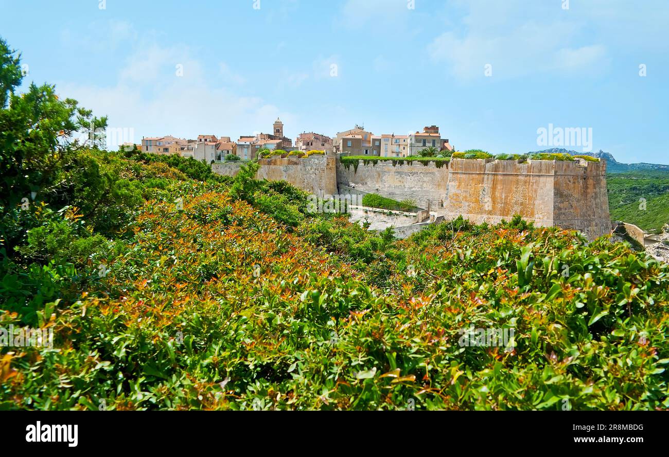 The view of the scenic Bonifacio Citadel through the thickets of maquis ...