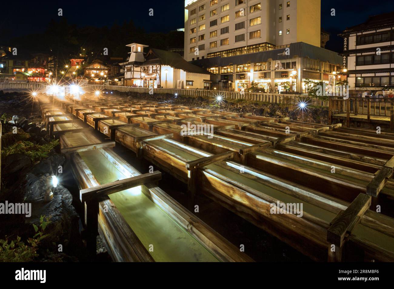 Night view of Yubatake (Hot Water Field ) in Kusatsu Onsen hot spring ...