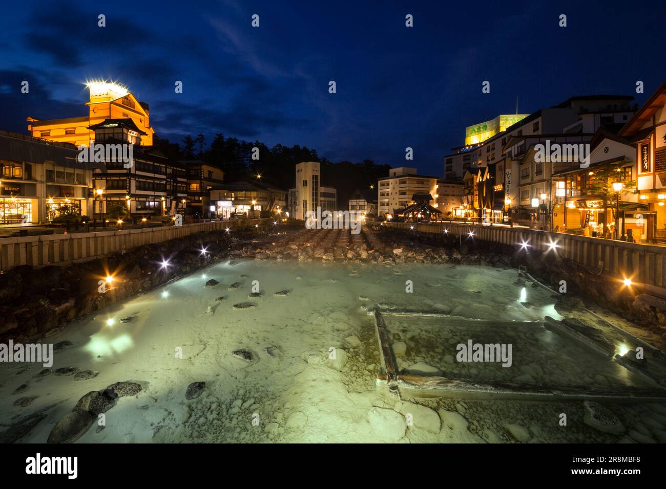 Night view of Yubatake (Hot Water Field ) in Kusatsu Onsen hot spring Stock Photo - Alamy