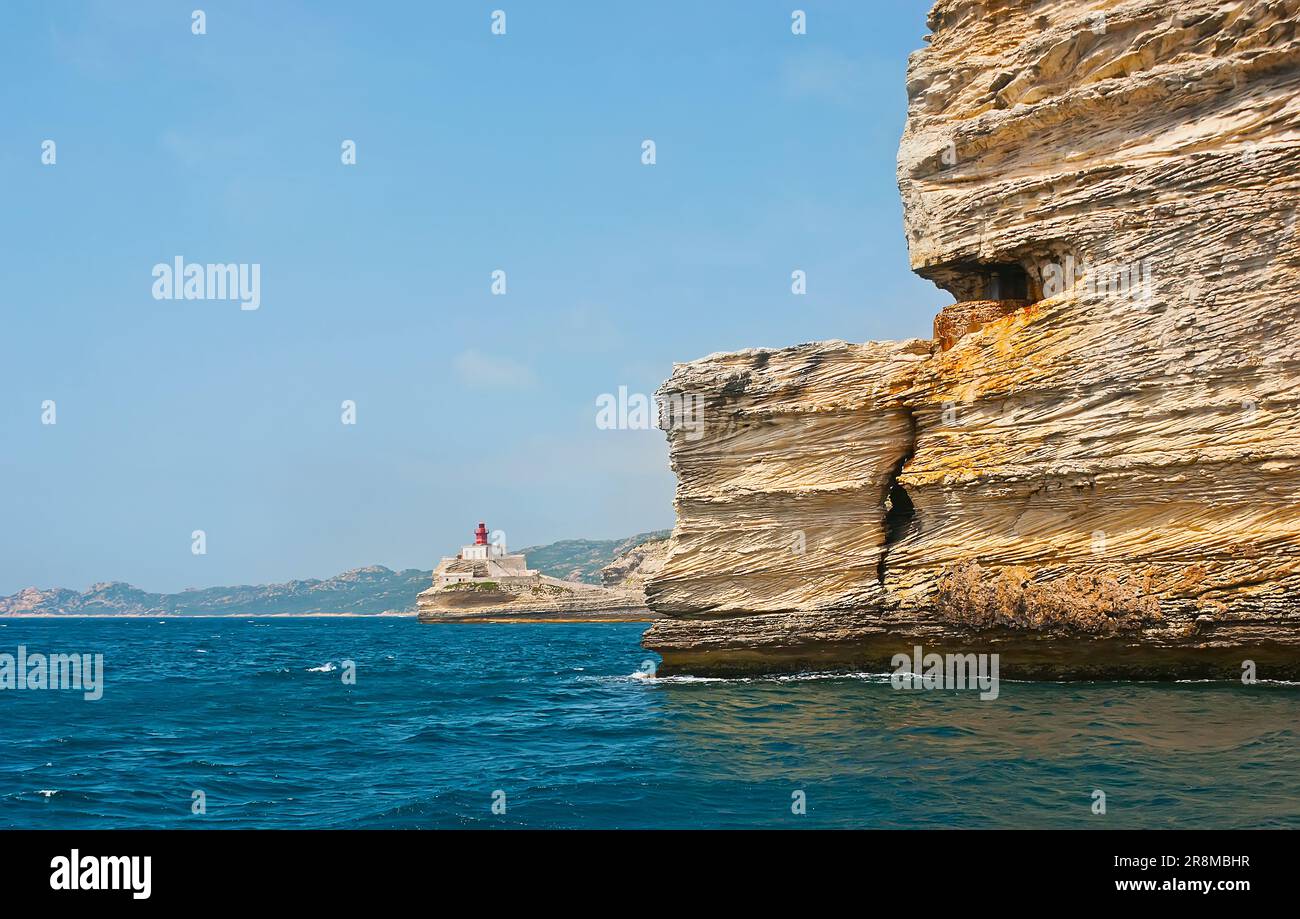The seascape of Strait of Bonifacio with white limestone cliffs and La ...