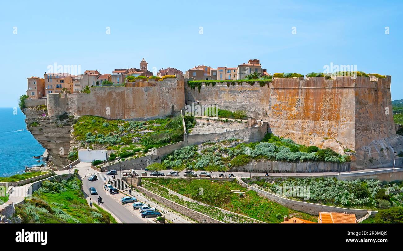 Panorama of the medieval Citadel of Bonifacio with buildings of Ville ...