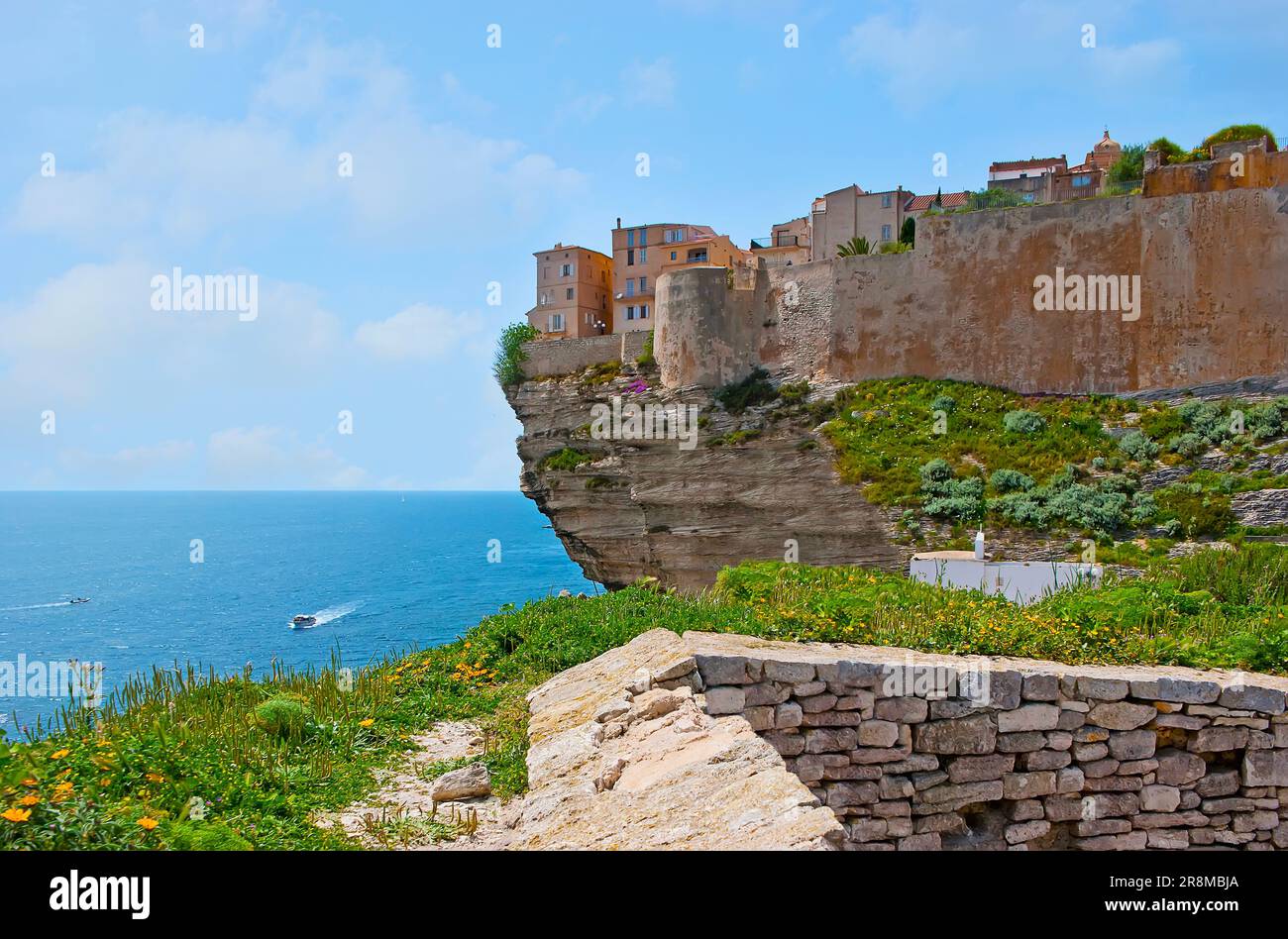 The scenic limestone cliff on the coast of Strait of Bonifacio, it's ...