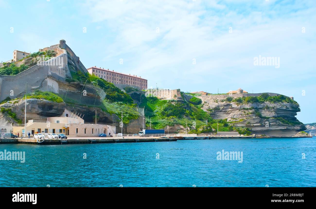 The large medieval Citadel of Bonifacio has preserved ramparts, towers ...