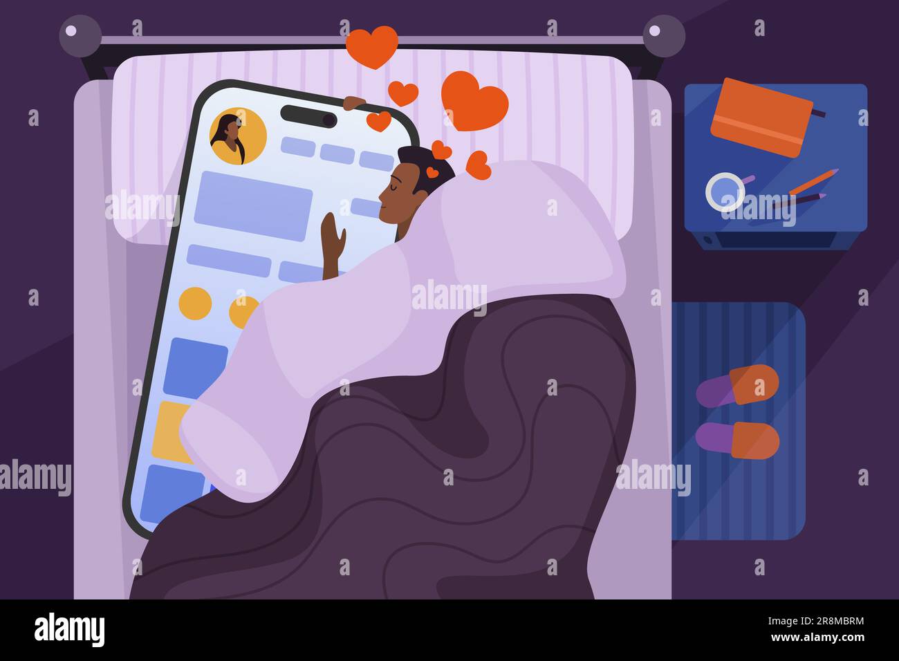 Addicted man using phone at night, insomnia and bad habits vector ...