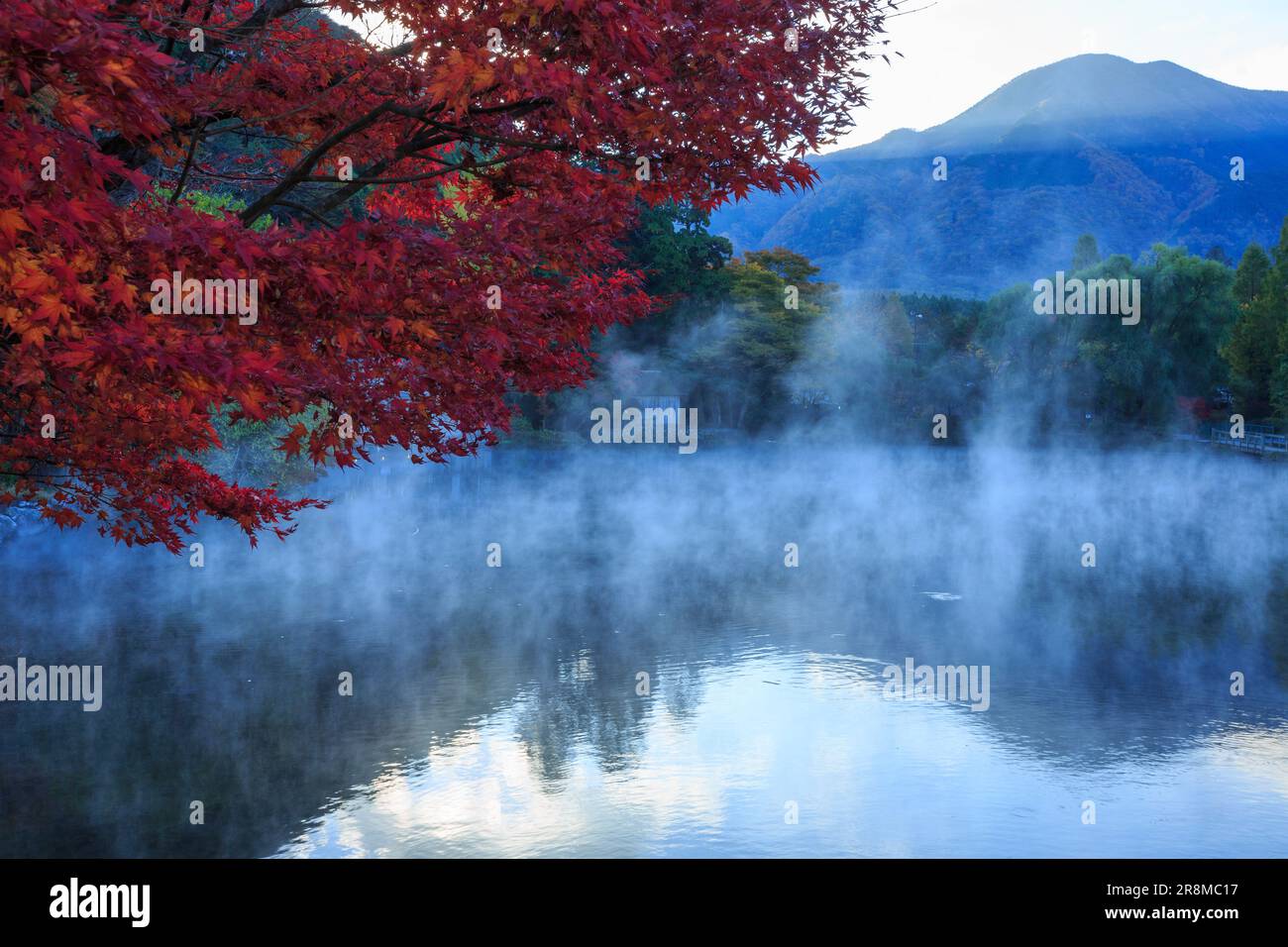 Lake Kinrinko with fall colors and a morning haze Stock Photo - Alamy