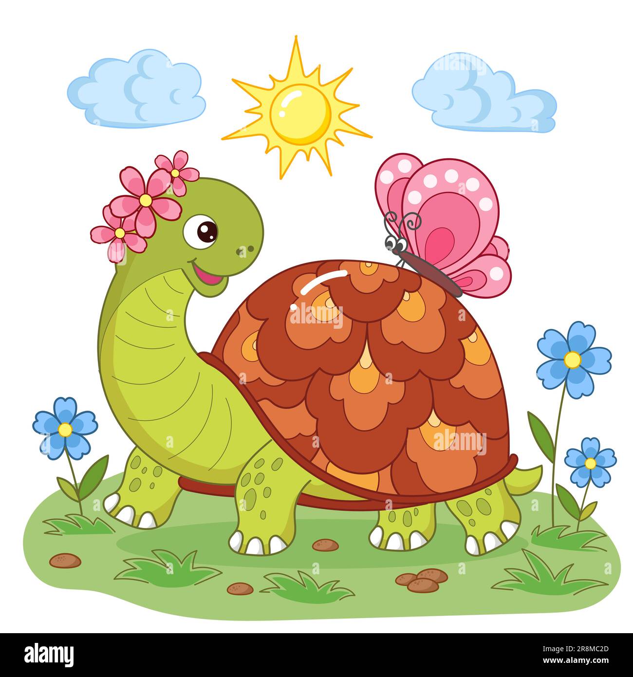 Cartoon turtle in the grass with a butterfly on its back. Summer theme ...