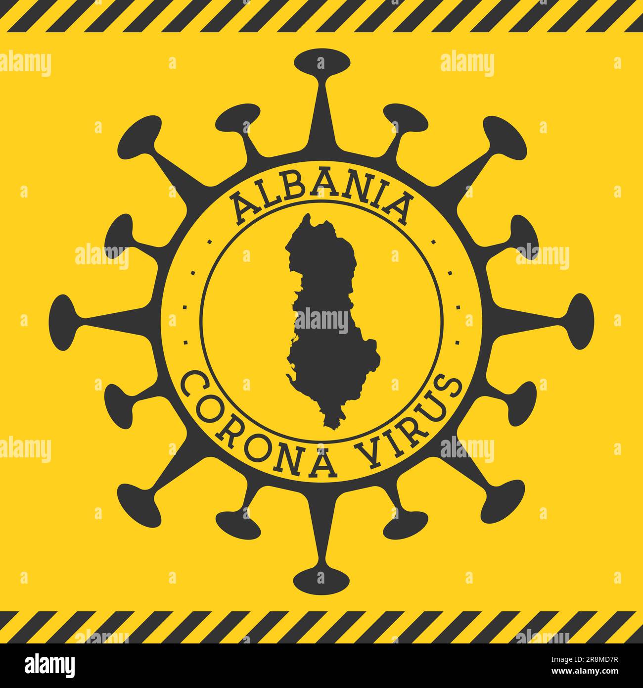 Corona virus in Albania sign. Round badge with shape of virus and ...