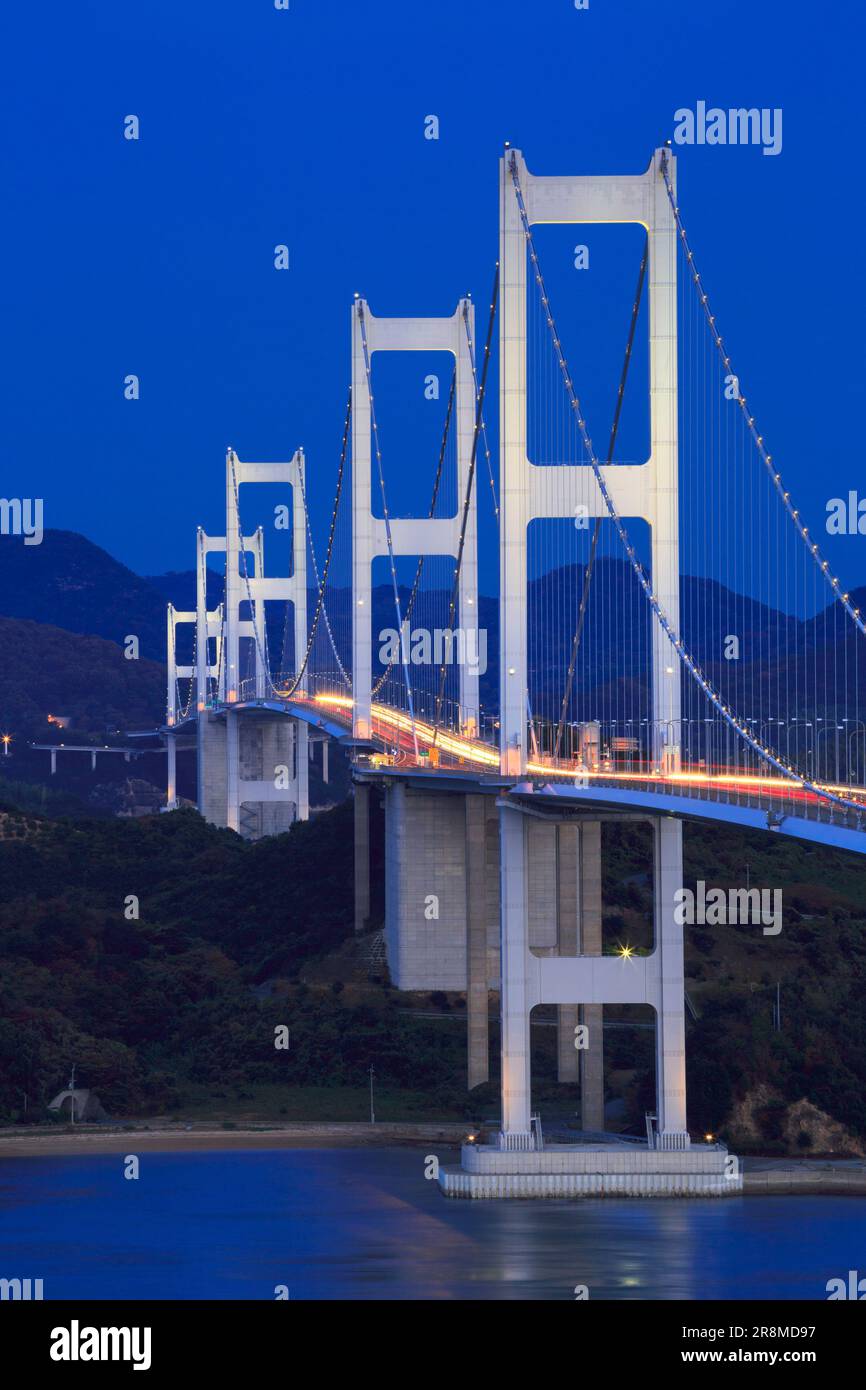 Evening view of Kurushima Kaikyo Bridge and the Seto Inland Sea Stock ...