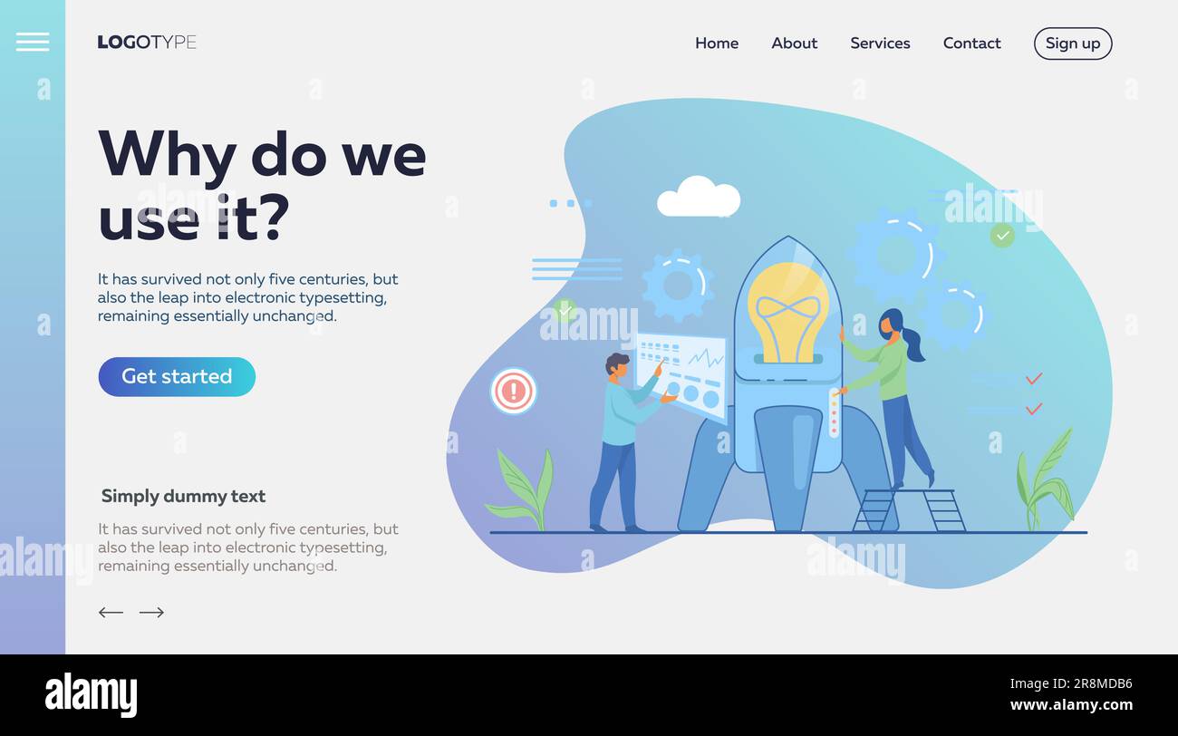 Man setting rocket, woman pushing button on spaceship Stock Vector ...