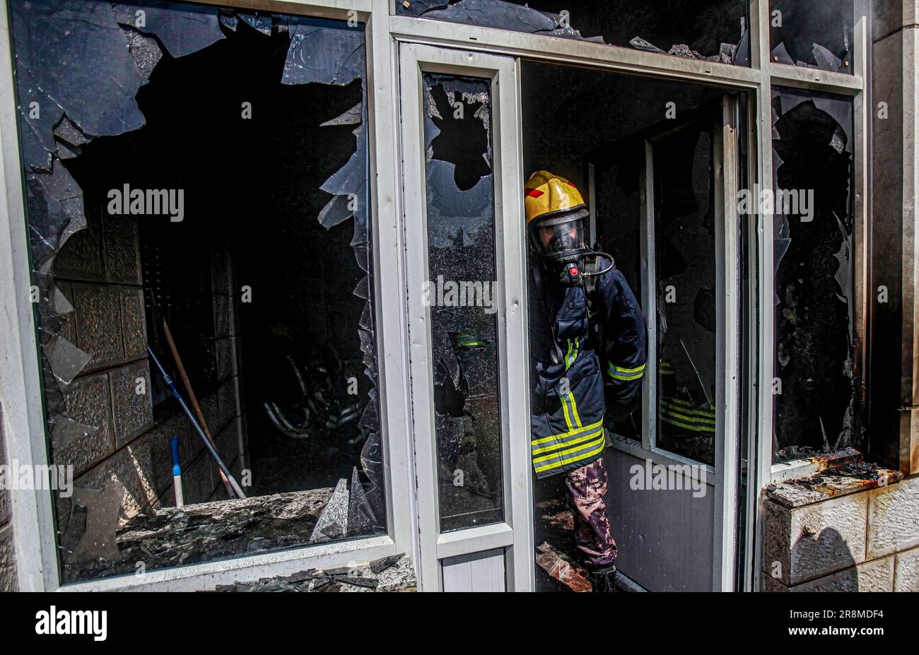 Ramallah, Palestine. 21st June, 2023. Palestinians firefighters try to ...