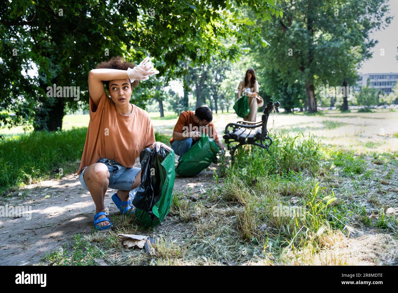 Young volunteers cleaning up park together, collecting trash and ...
