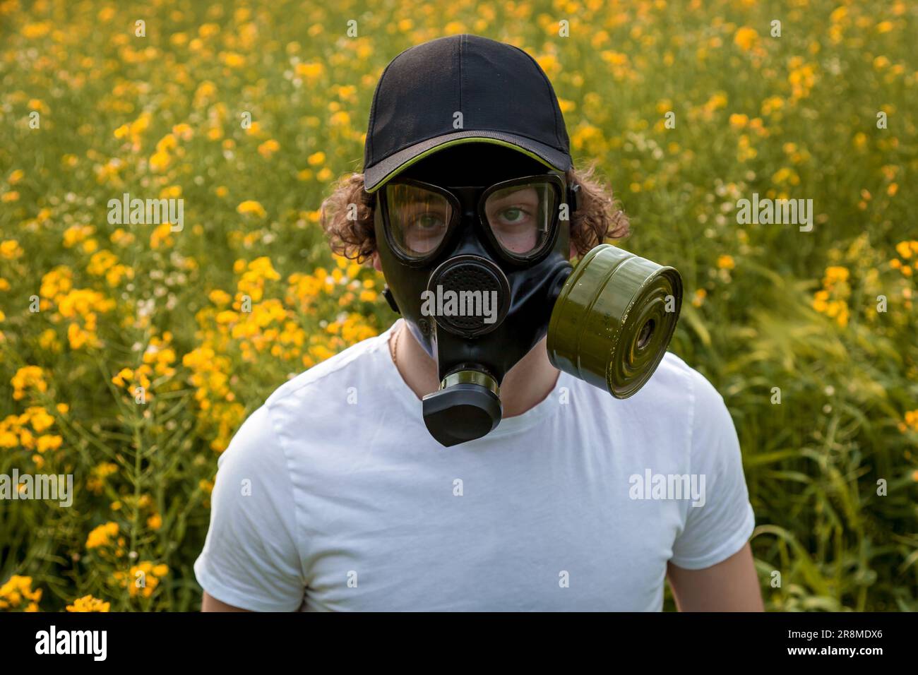 A young guy in a gas mask in a field with yellow rapeseed flowers Stock ...