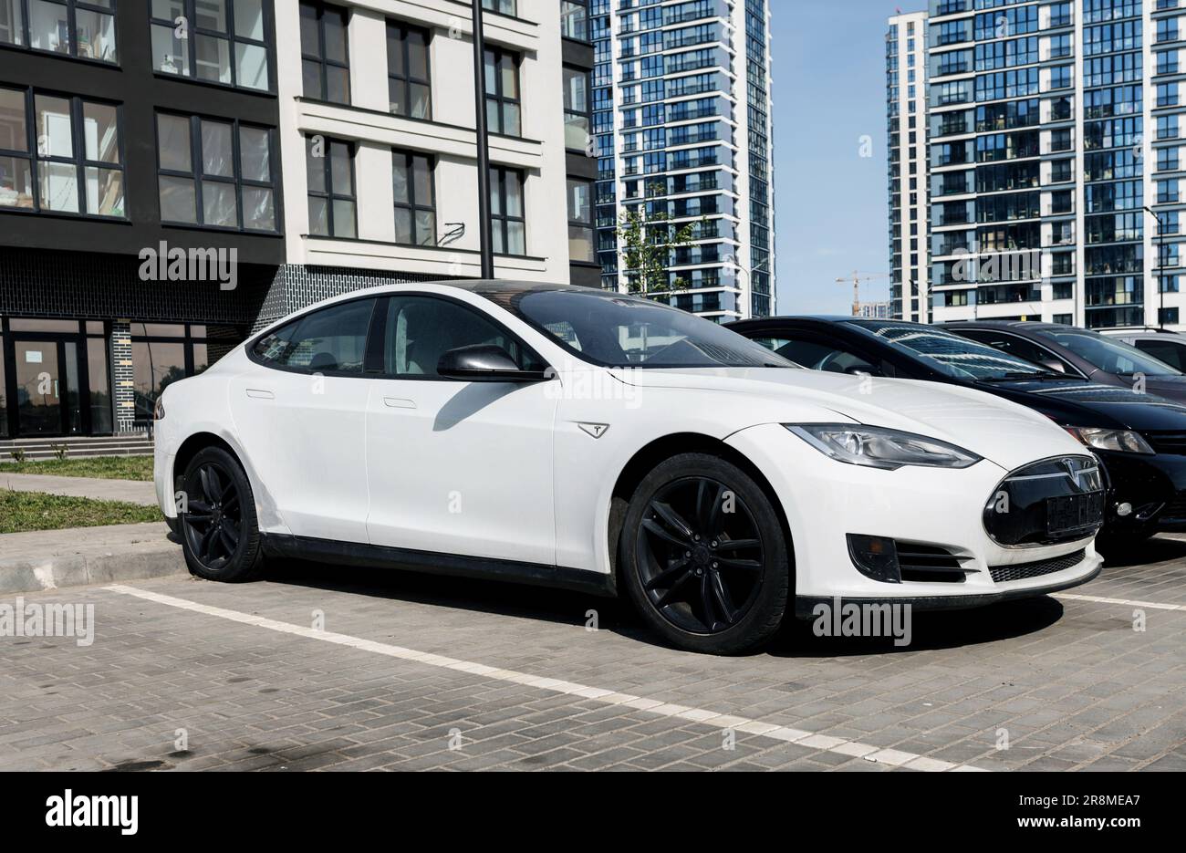 Minsk, Belarus, June 2023 - White Tesla Model S parking in street ...