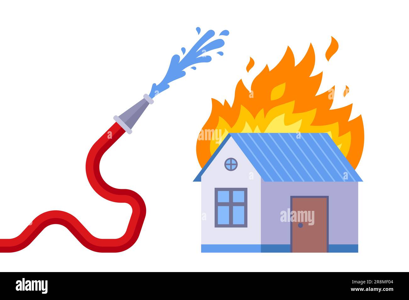 put out the fire with a red hose. House is burning. flat vector ...