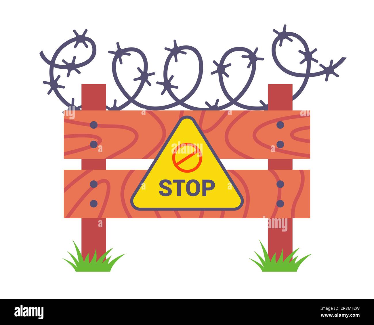 wooden fence with barbed wire and stop sign. flat vector illustration ...
