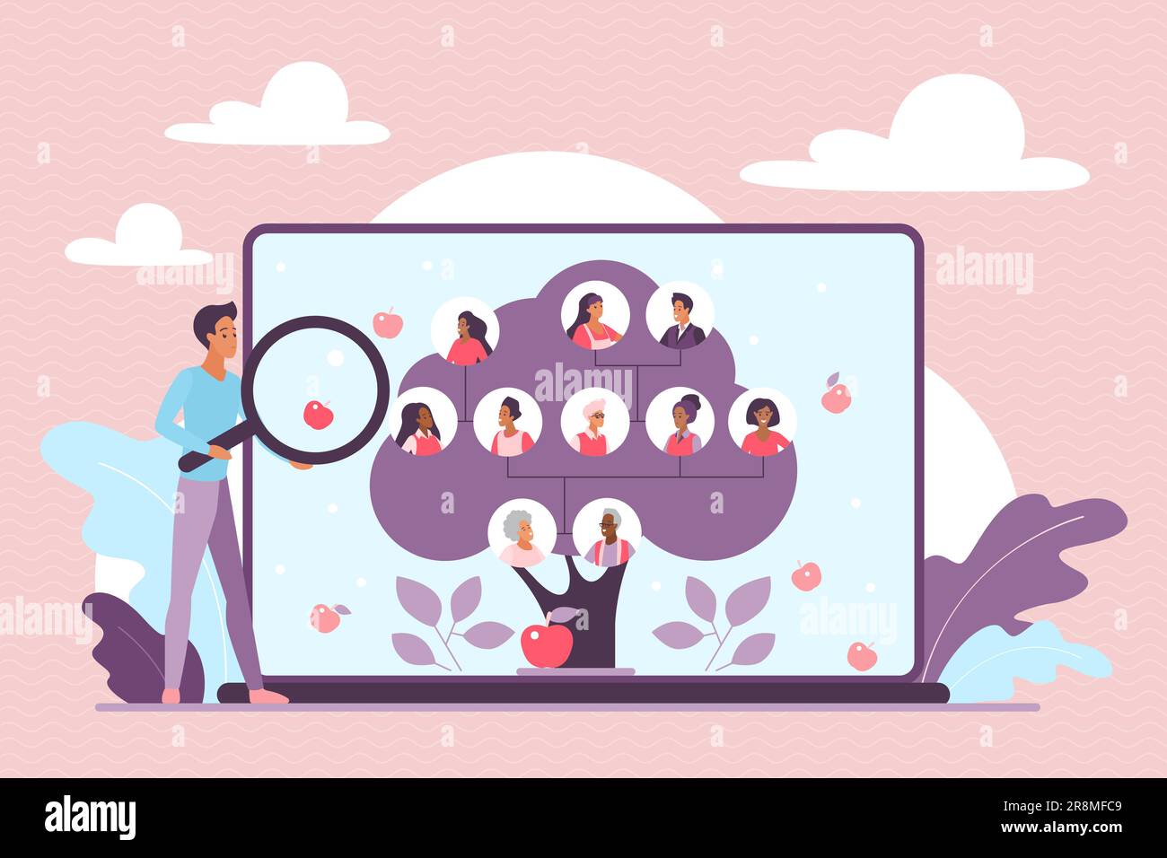 Family tree, genealogy online vector illustration. Cartoon tiny man ...