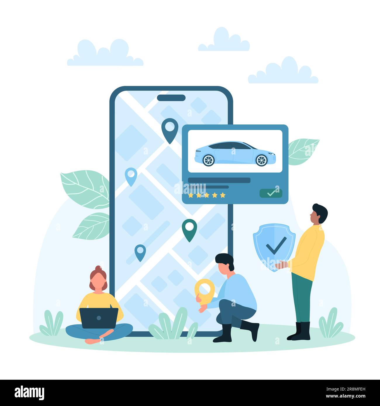 Rent and share car vector illustration. Cartoon tiny people with safety ...