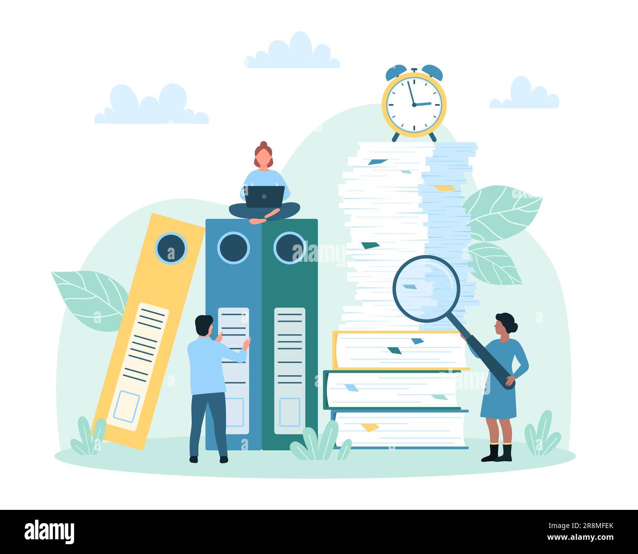 Cartoon tiny people work among stacks of paperwork, reports and bills ...