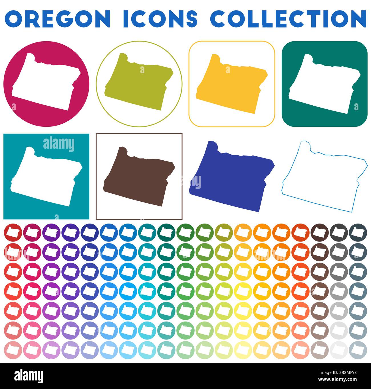 Oregon icons collection. Bright colorful trendy map icons. Modern ...
