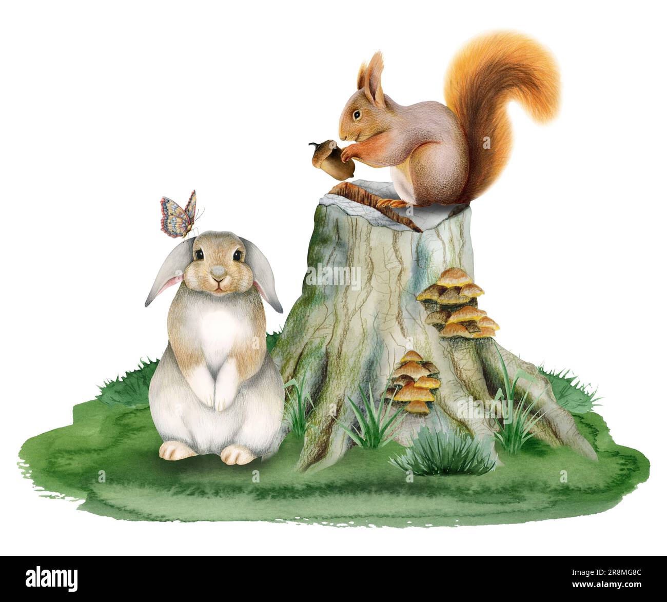 Squirrel sitting on tree stump with mushrooms and bunny rabbit with ...