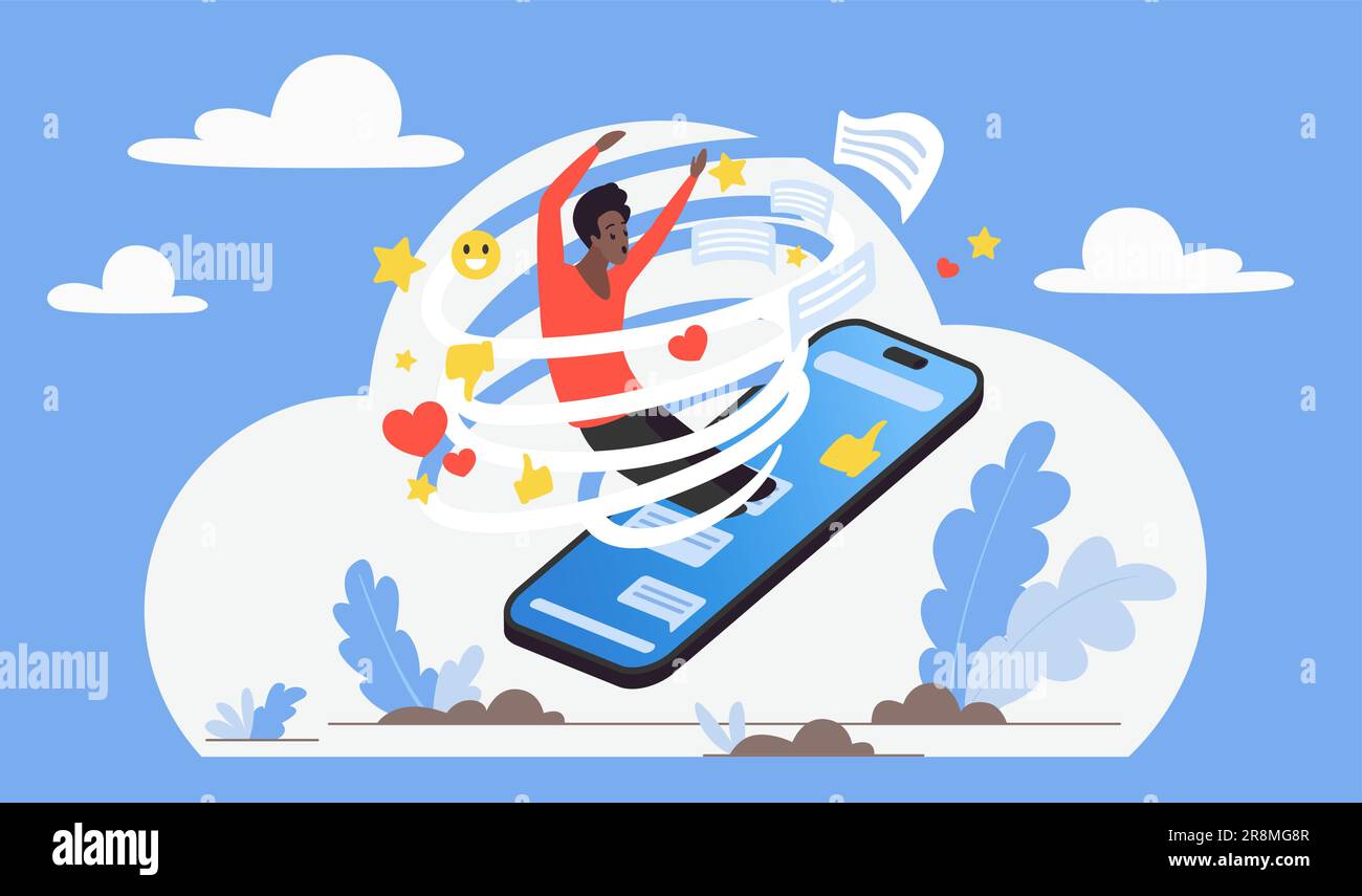 Danger of social media addiction vector illustration. Cartoon tiny man ...