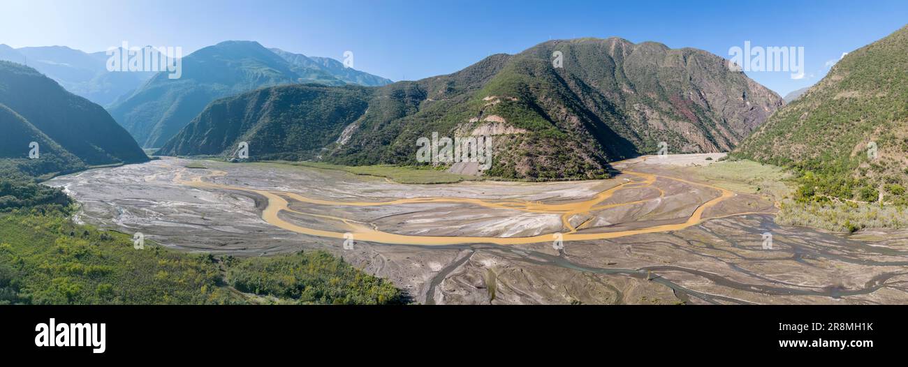 Aerial view of the remote Rio Sacambaya landscape with a huge riverbed ...