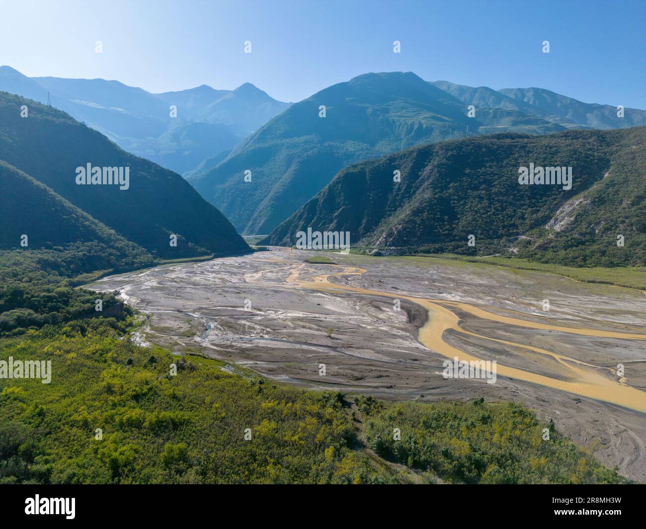 Aerial view of the remote Rio Sacambaya landscape with a huge riverbed ...