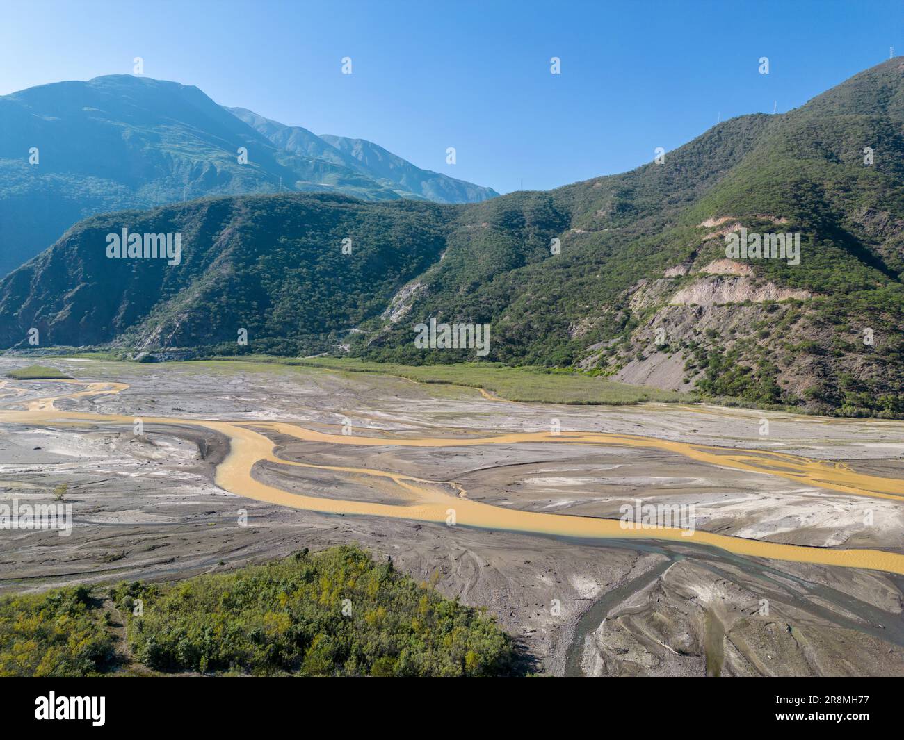 Aerial view of the remote Rio Sacambaya landscape with a huge riverbed ...
