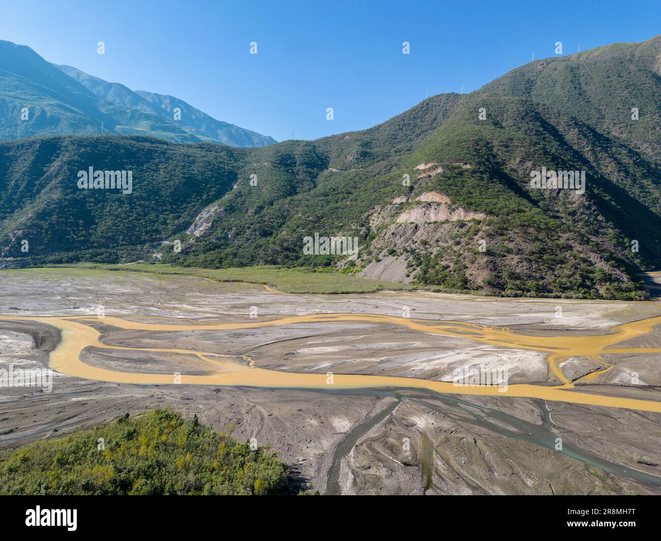 Aerial view of the remote Rio Sacambaya landscape with a huge riverbed ...