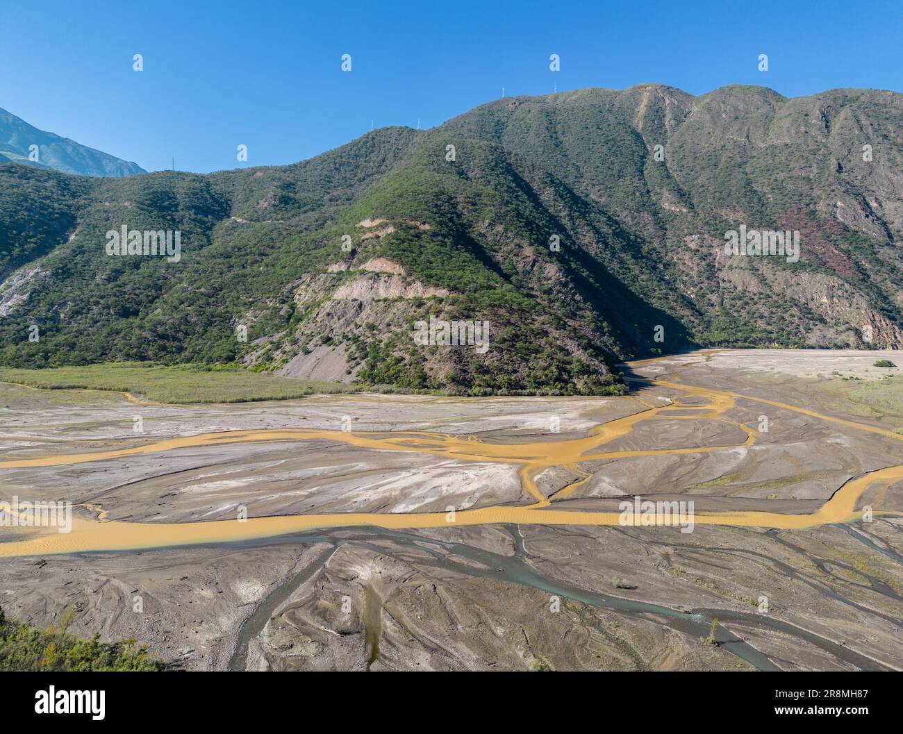 Aerial view of the remote Rio Sacambaya landscape with a huge riverbed ...