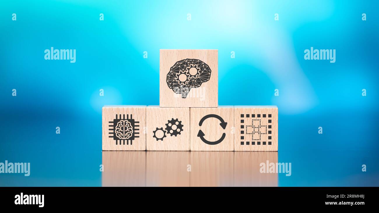 Wooden blocks with symbol of deep learning concept on blue background ...