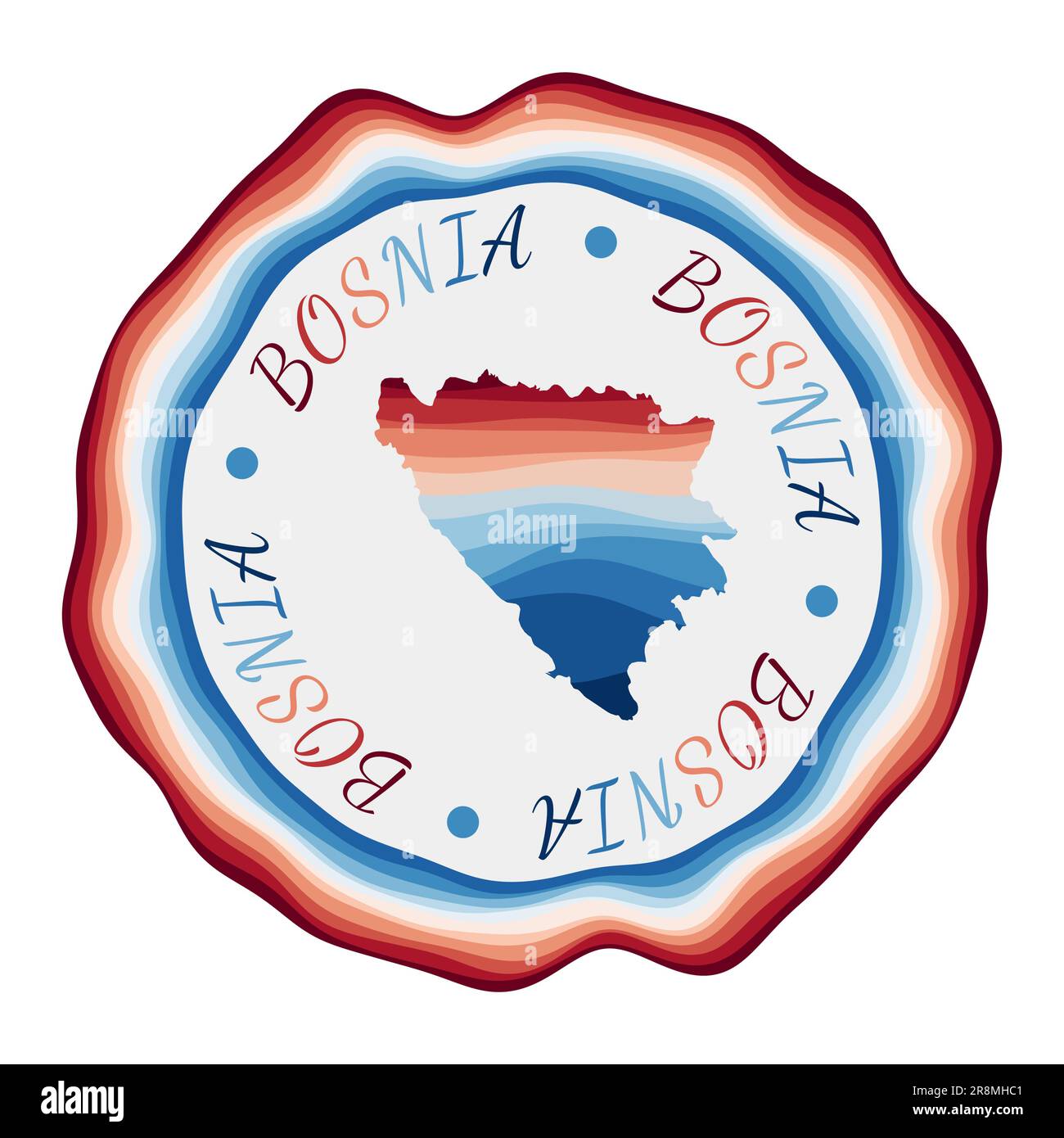 Bosnia badge. Map of the country with beautiful geometric waves and vibrant red and blue frame ...