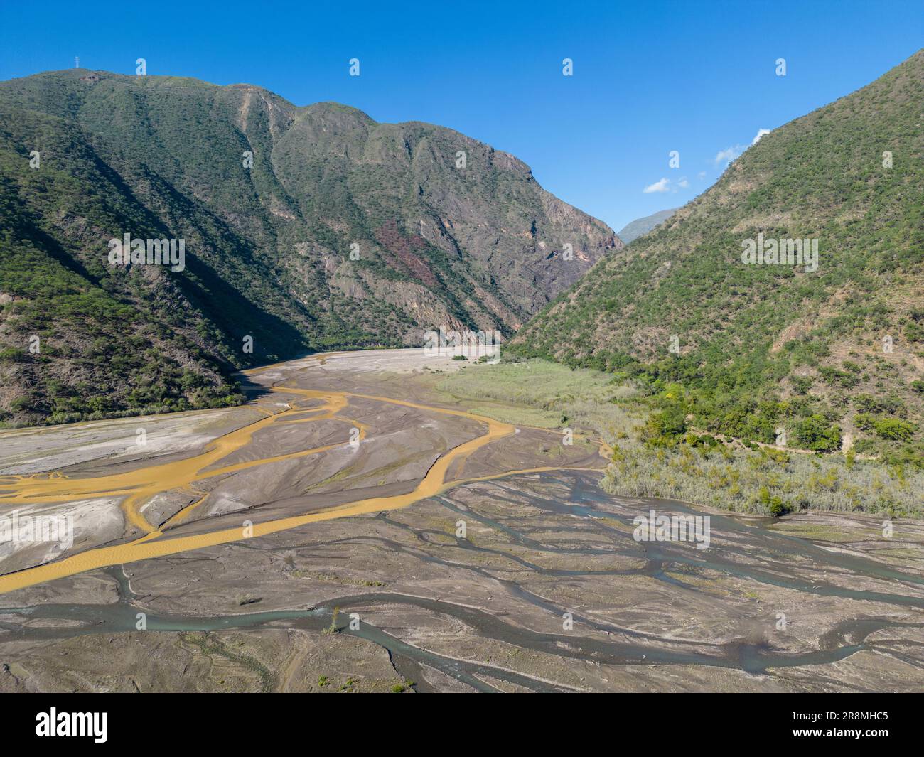 Aerial view of the remote Rio Sacambaya landscape with a huge riverbed ...